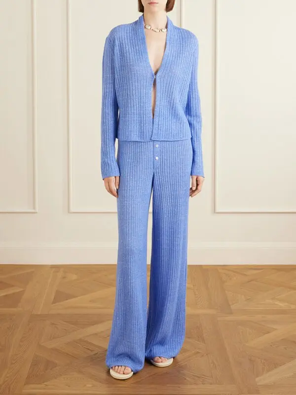 Guest In Residence Everywear Ribbed Cashmere And Linen-blend Wide-leg Pants - Blue