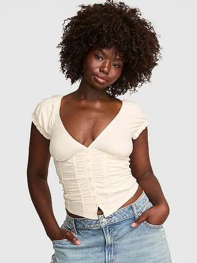Pink Ruched Plunge Polka Dot Top - Beige