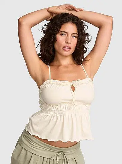 Pink Ruched Ruffle Cami - Beige