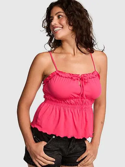 Pink Ruched Ruffle Cami - Pink