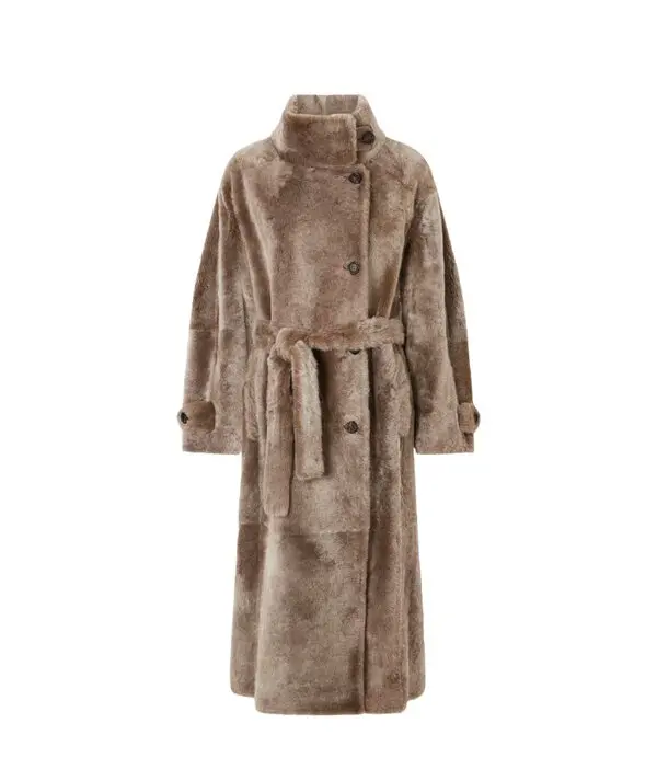 Brunello Cucinelli Belted Shearling Coat - Grey