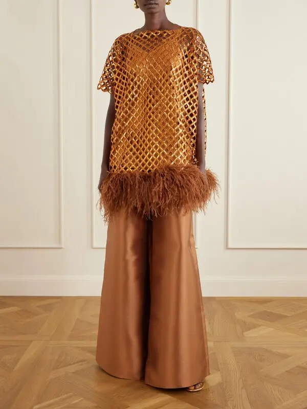 DIMA AYAD Embellished Feather-trimmed Sequin Blouse