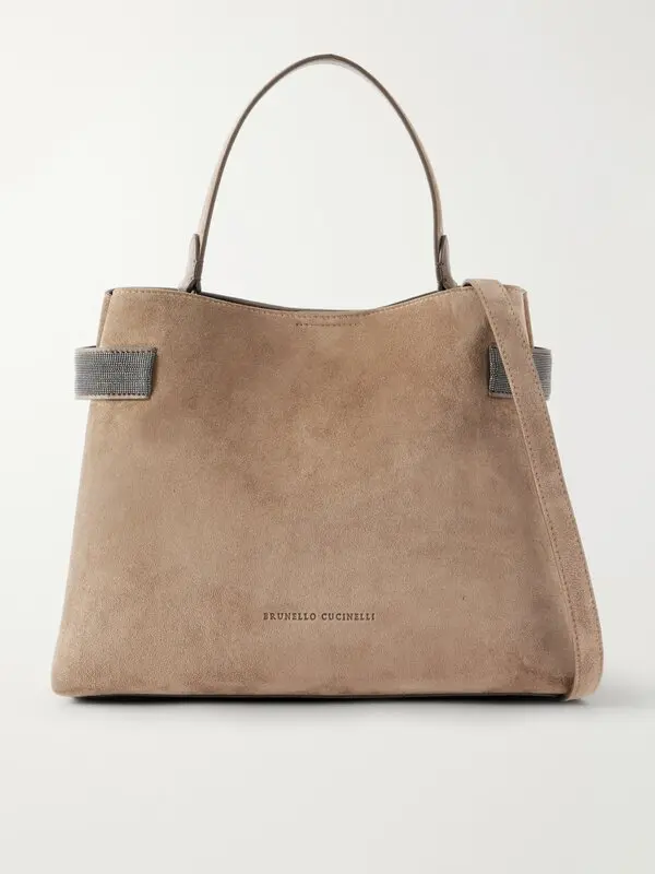Brunello Cucinelli Suede Shoulder Bag With Beaded Embellishments - Gray