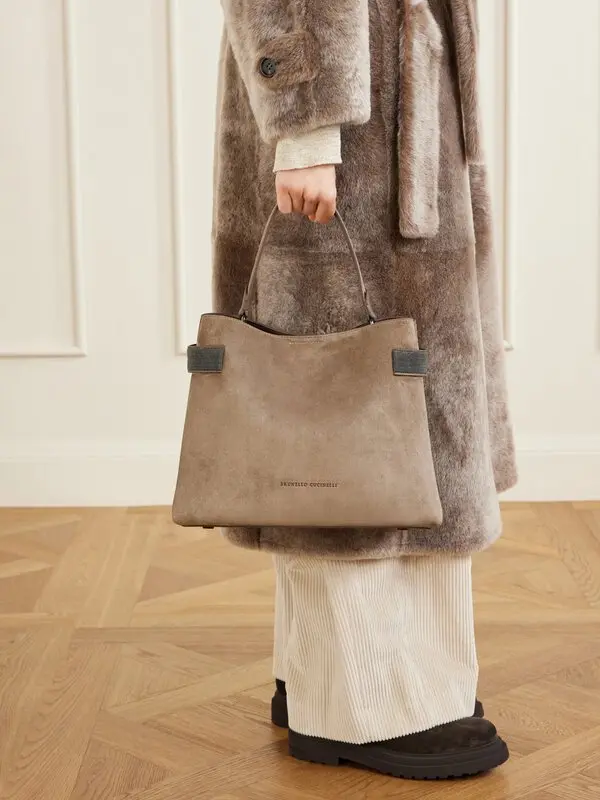 Brunello Cucinelli Suede Shoulder Bag With Beaded Embellishments - Gray