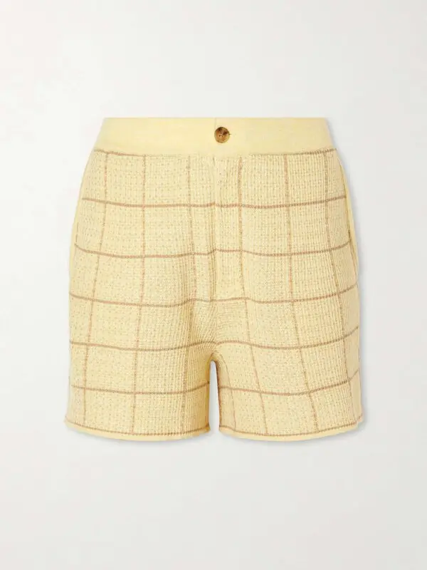 Guest In Residence Checked Knitted Cashmere And Linen-blend Shorts - Yellow