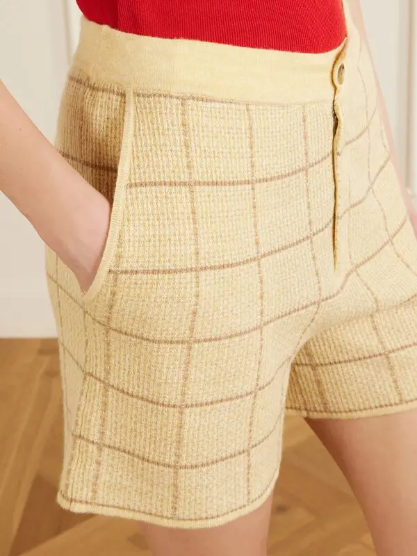 Guest In Residence Checked Knitted Cashmere And Linen-blend Shorts - Yellow