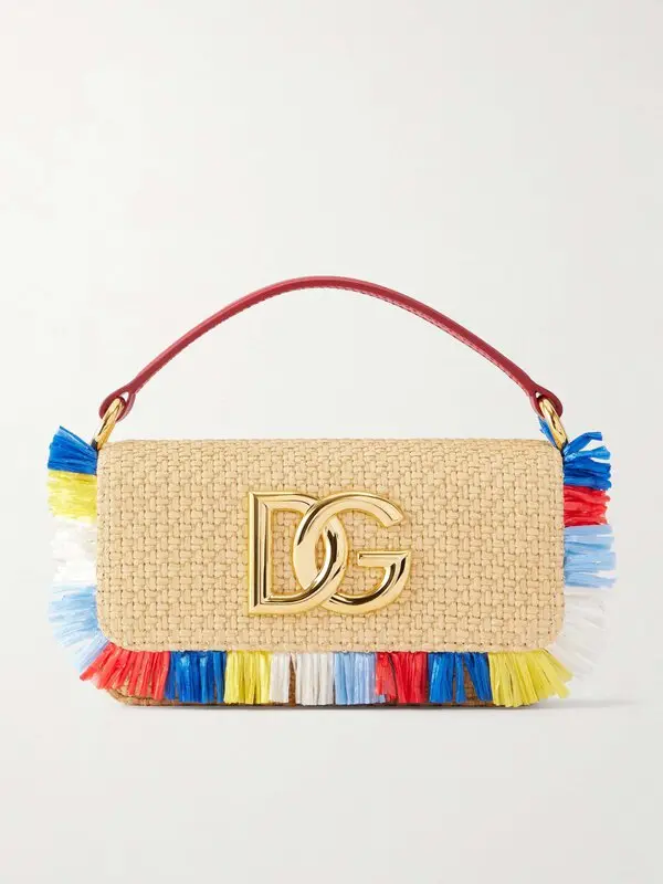 Dolce & Gabbana 3.5 Logo-embellished Fringed Leather-trimmed Raffia Shoulder Bag - Multi