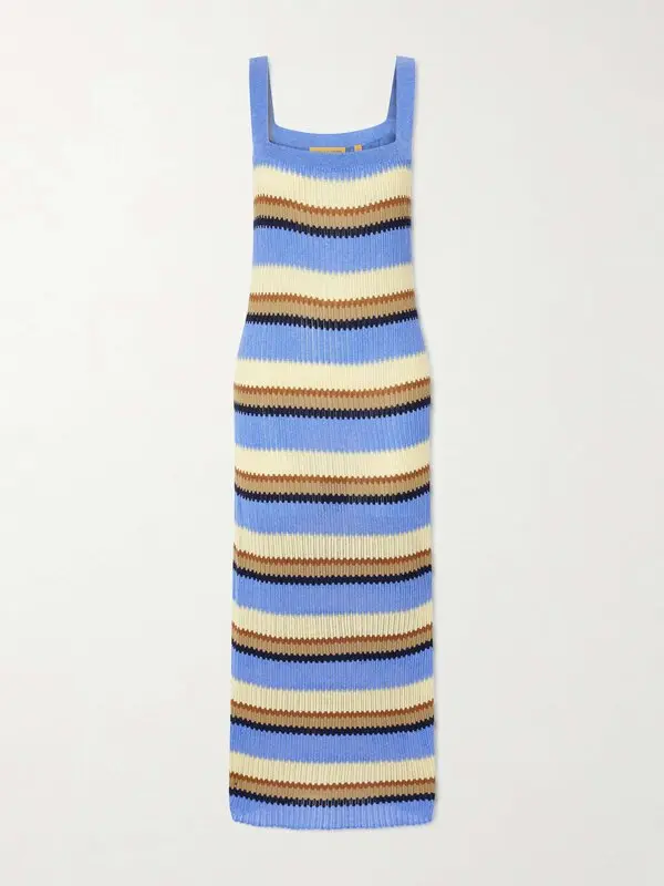 Guest In Residence Palazzo Striped Ribbed Silk And Linen-blend Midi Dress - Blue