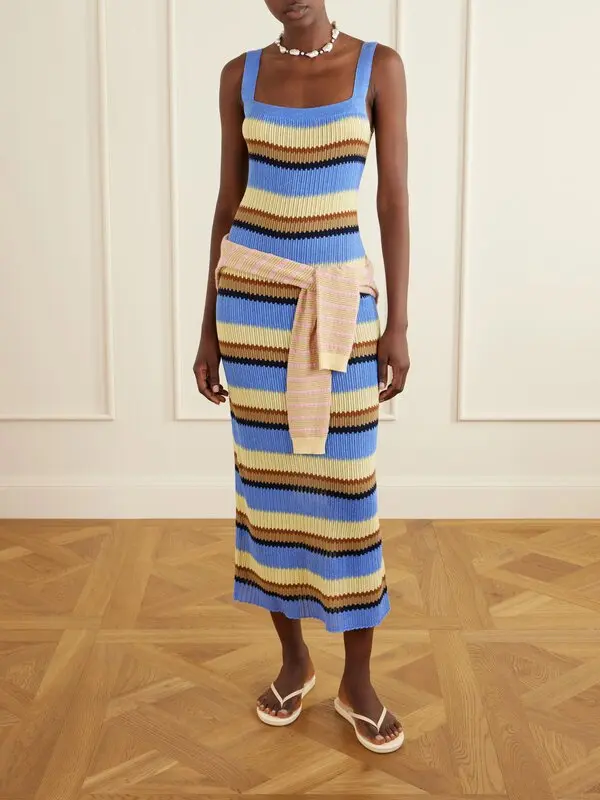 Guest In Residence Palazzo Striped Ribbed Silk And Linen-blend Midi Dress - Blue
