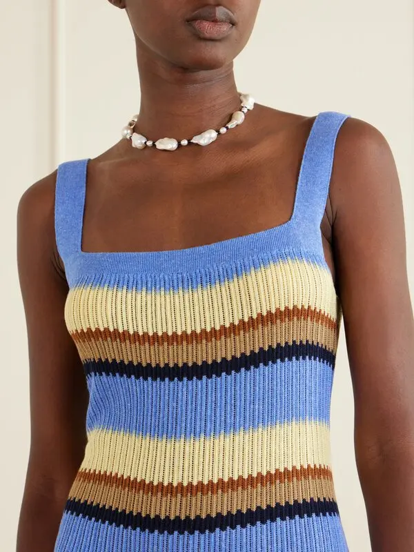 Guest In Residence Palazzo Striped Ribbed Silk And Linen-blend Midi Dress - Blue