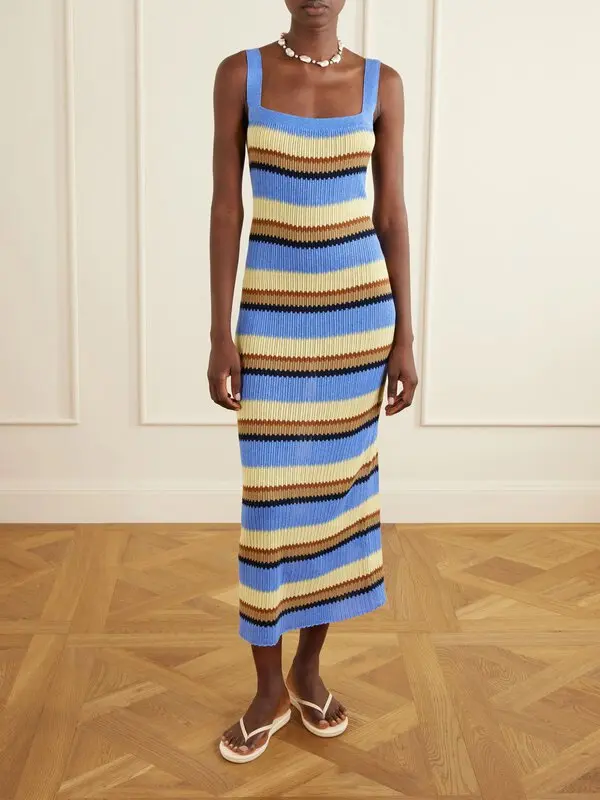 Guest In Residence Palazzo Striped Ribbed Silk And Linen-blend Midi Dress - Blue
