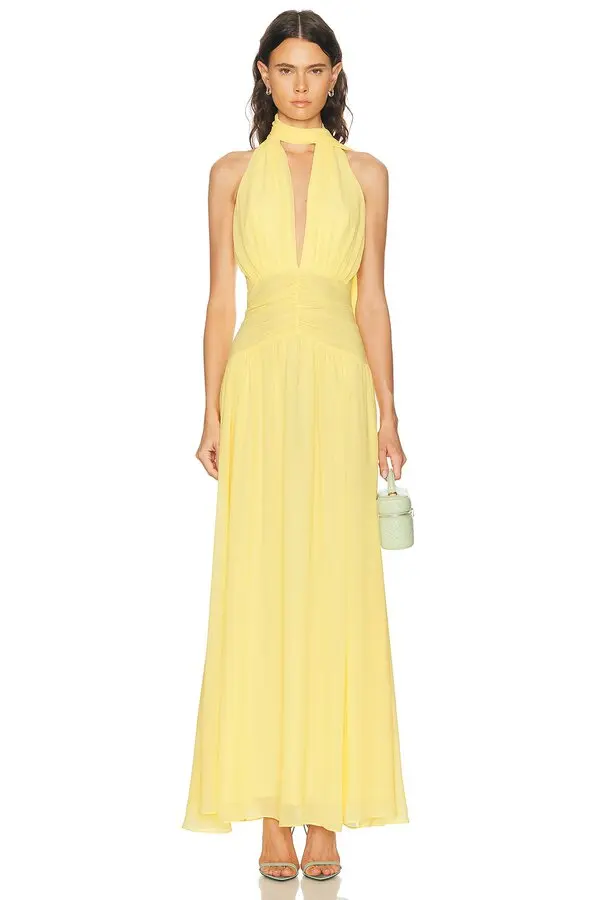 NICHOLAS Arella Deep Plunge Halter Maxi Dress In Yellow - Lemon
