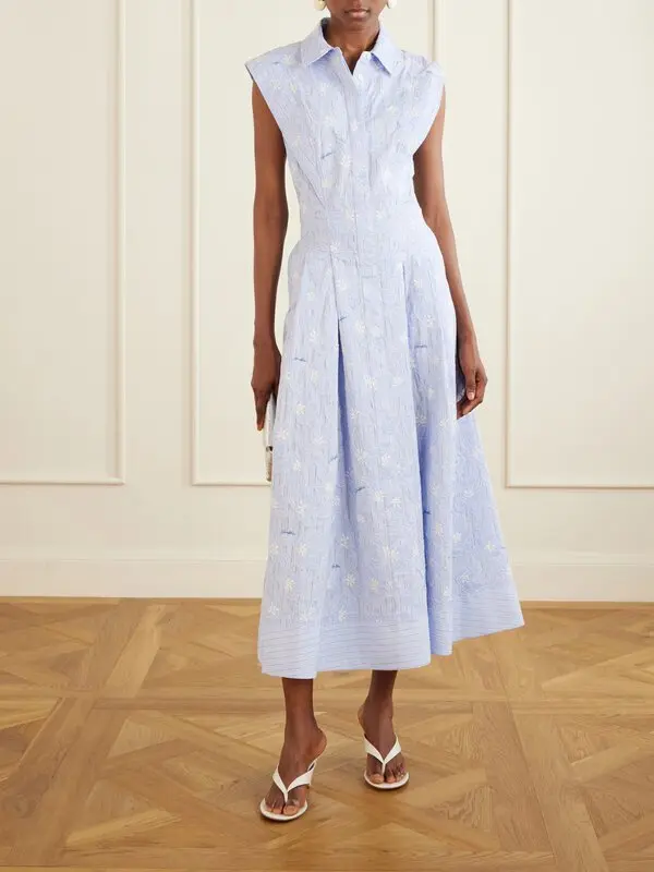 Simkhai Neri Embroidered Striped Cotton-poplin Midi Dress - Blue