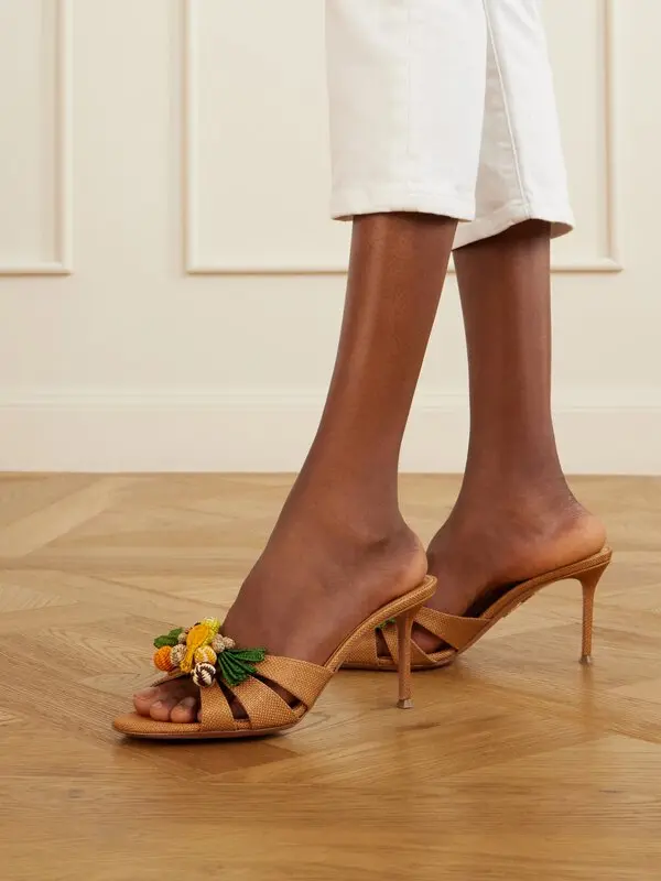 AQUAZZURA Birdsong 75 Raffia Mules - Brown