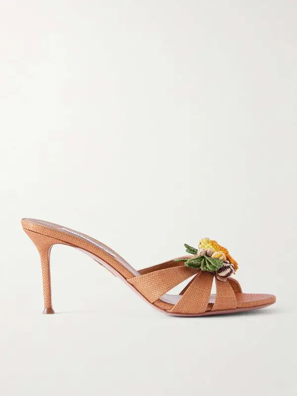 AQUAZZURA Birdsong 75 Raffia Mules - Tan