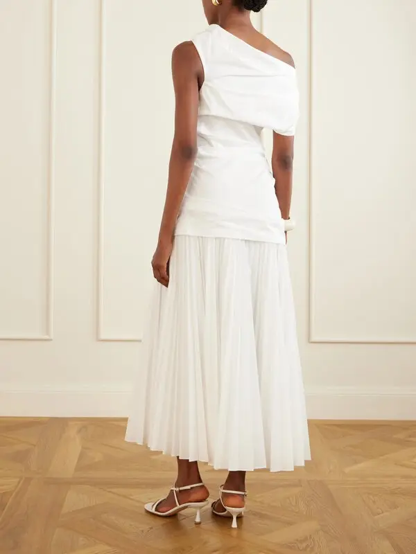 white pleated one shoulder dress White One Shoulder Sleeveless Pleated Long Formal Dress With Split