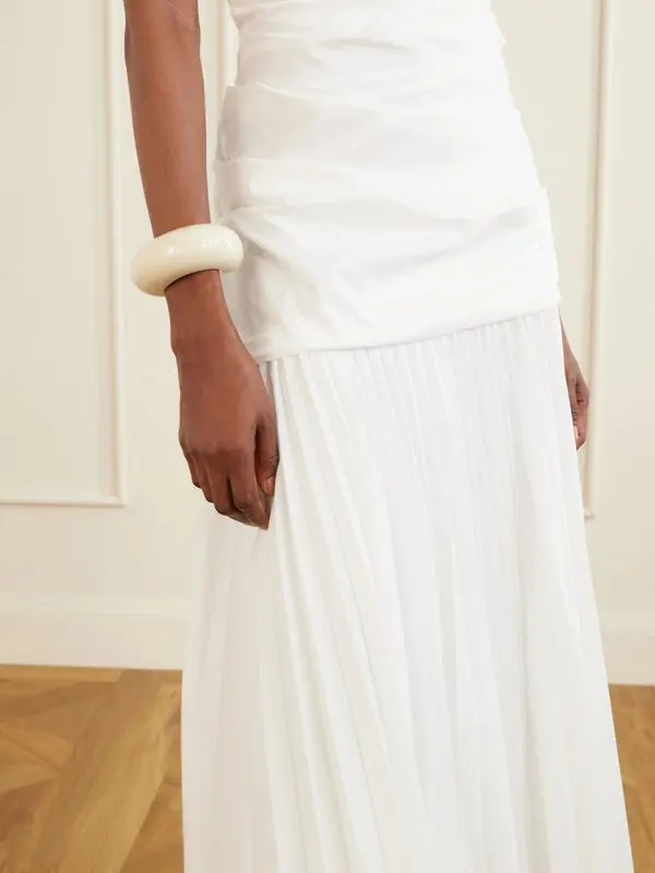 white one shoulder pleated detail midi dress A.L.C. Lara Satin Pleated Midi Dress in Whisper White, Size 6