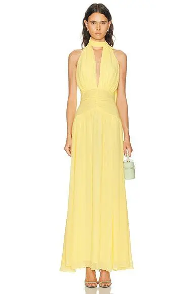 NICHOLAS Arella Deep Plunge Halter Maxi Dress - Lemon