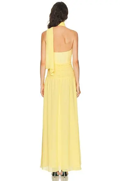 NICHOLAS Arella Deep Plunge Halter Maxi Dress - Lemon