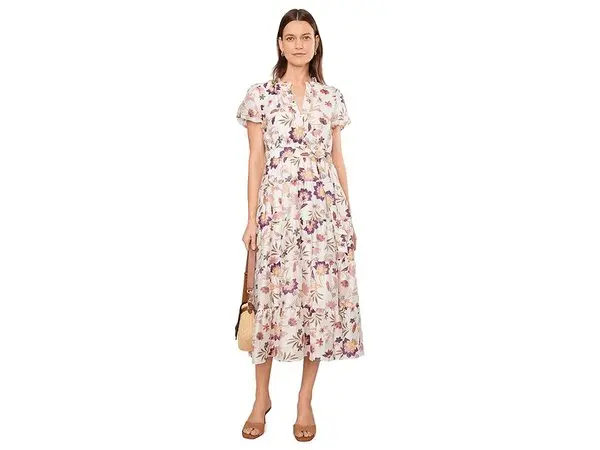 Vince Camuto Notch Neck Midi Dress With Puff Sleeves - White