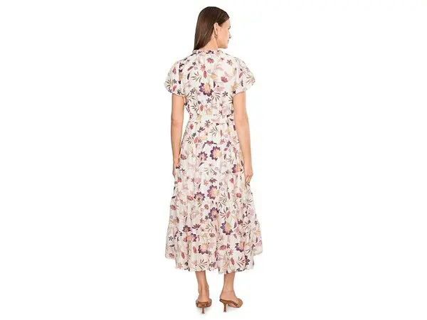 Vince Camuto Notch Neck Midi Dress With Puff Sleeves - White