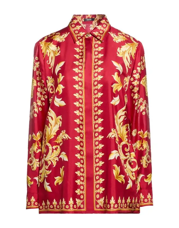 Versace Cream Silk Satin Shirt With Signature Print - Red