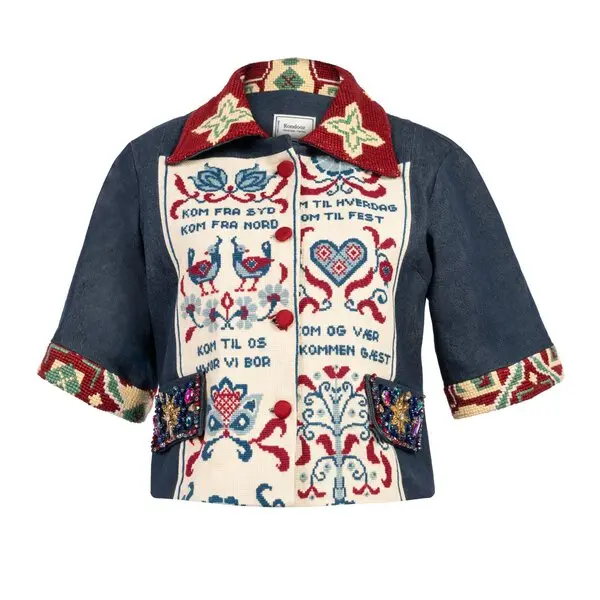 RONDOOZ Nordic Gobelin Hand Painted Denim Gobelin Jacket With Antique Tapestry Art - Blue