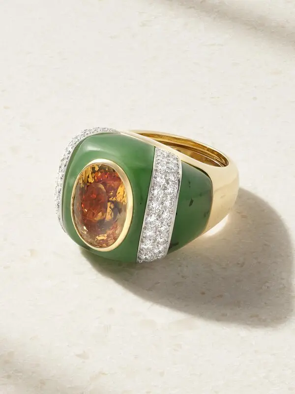 David Webb Double Stripe Ring With Topaz, Jade, And Diamonds In 18k Gold And Platinum - Green