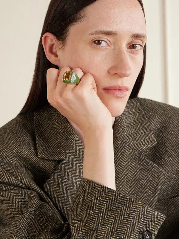 David Webb Double Stripe Ring With Topaz, Jade, And Diamonds In 18k Gold And Platinum