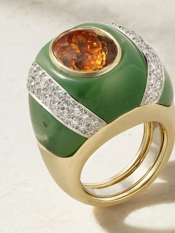 David Webb Double Stripe Ring With Topaz, Jade, And Diamonds In 18k Gold And Platinum