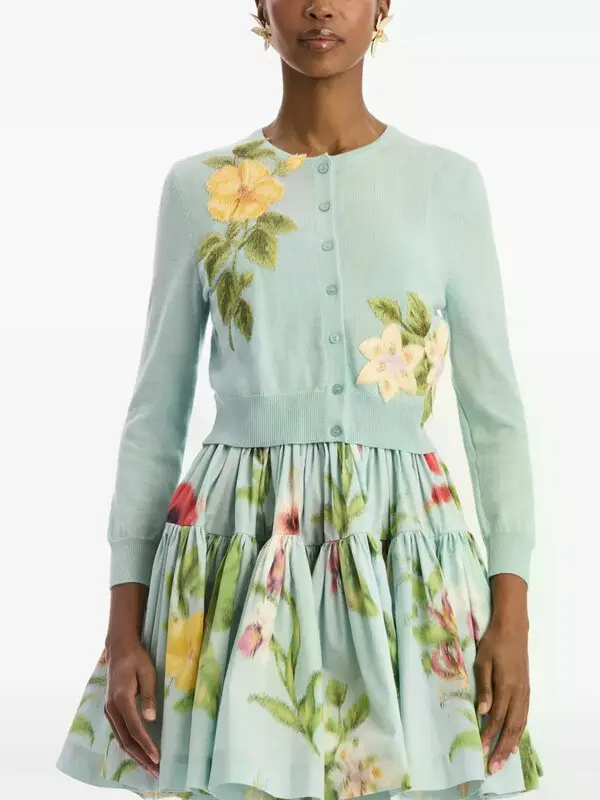 Oscar De La Renta Chiné Dominican Mixed-floral Threadwork Cardigan - Blue