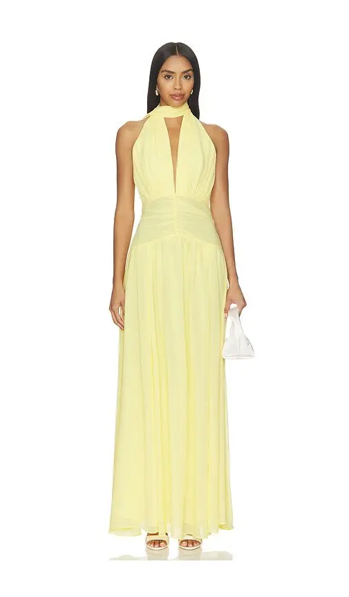 NICHOLAS Arella Georgette Halterneck Maxi Dress With Attached Scarf - Lemon