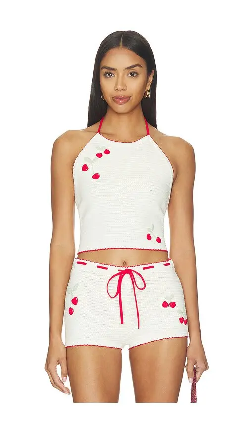 LoveShackFancy Avanyah Crochet Halter Top With Cherry Applique - Ivory