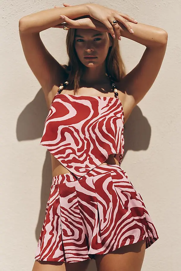 CELANDINE Scarf High Rise Wide Leg Shorts - Pink Pattern