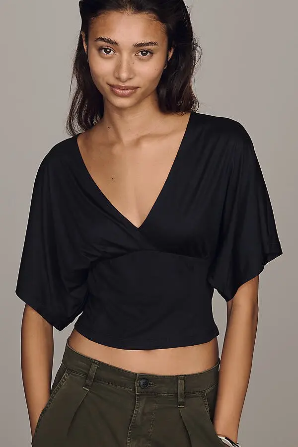 Anthropologie Silken Flutter Sleeve Crop Top - Black