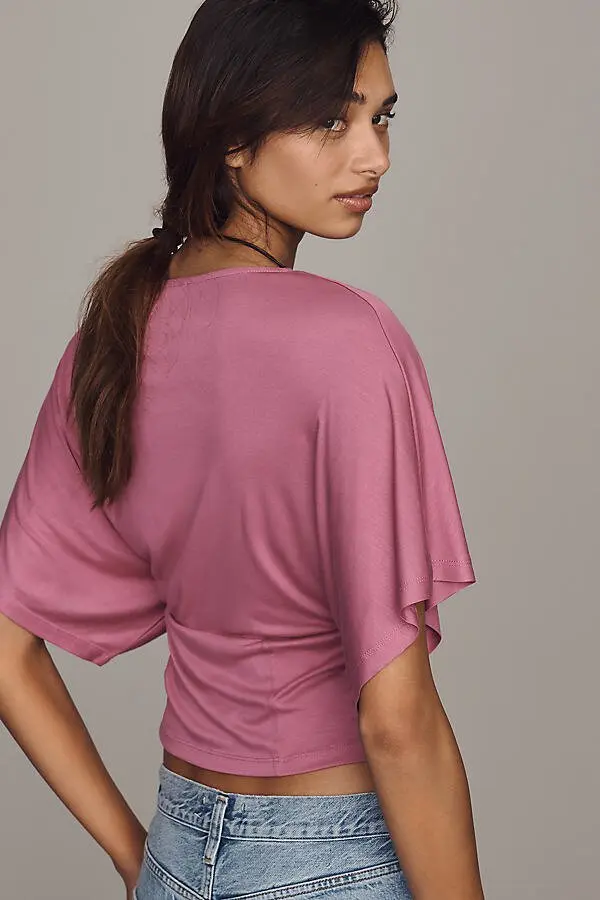 Anthropologie Silken Flutter Sleeve Crop Top - Red Violet