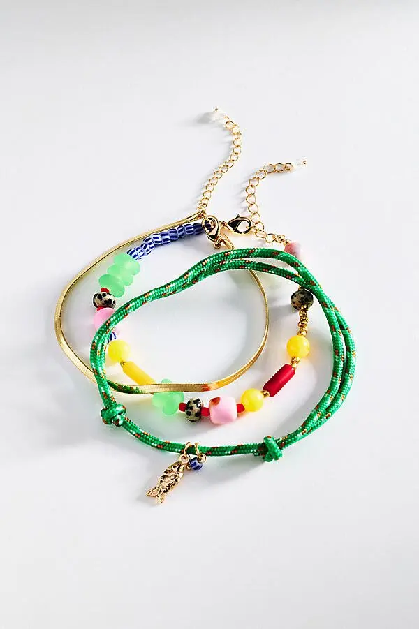 Anthropologie Charm Anklets, Set Of 3 - Green