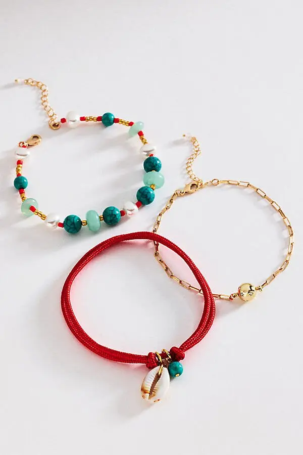 Anthropologie Charm Anklets, Set Of 3 - Red