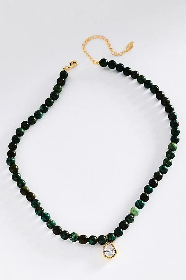 Anthropologie Beaded Pendant Necklace With Cubic Zirconia - Green Pattern