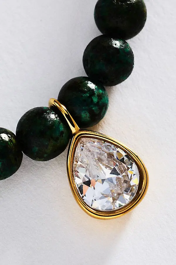 Anthropologie Beaded Pendant Necklace With Cubic Zirconia - Green Pattern