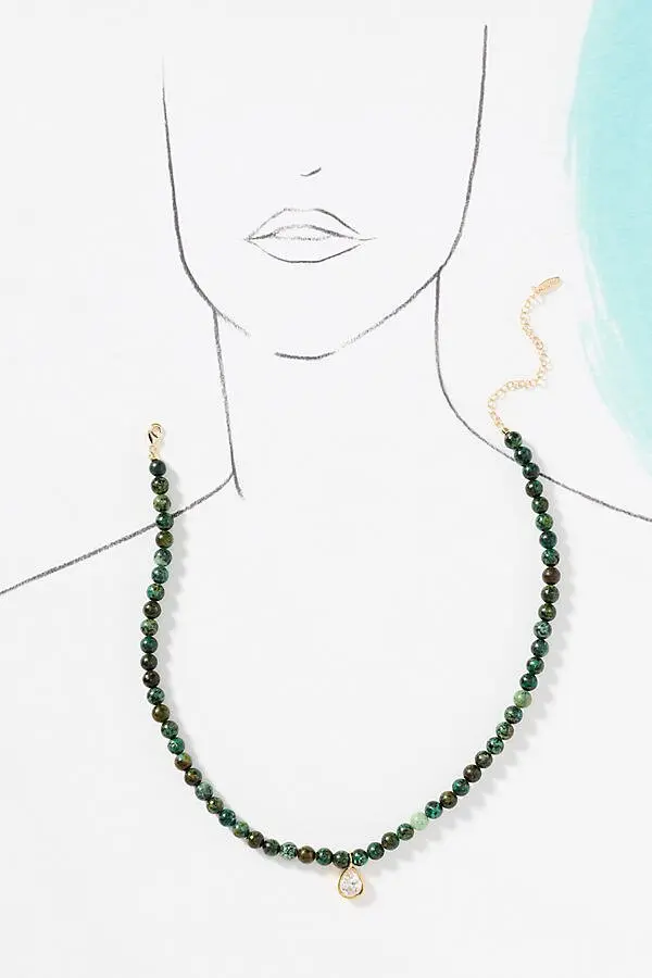 Anthropologie Beaded Pendant Necklace With Cubic Zirconia - Green Pattern