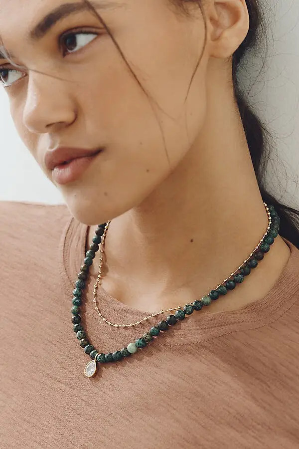 Anthropologie Beaded Pendant Necklace With Cubic Zirconia - Green Pattern
