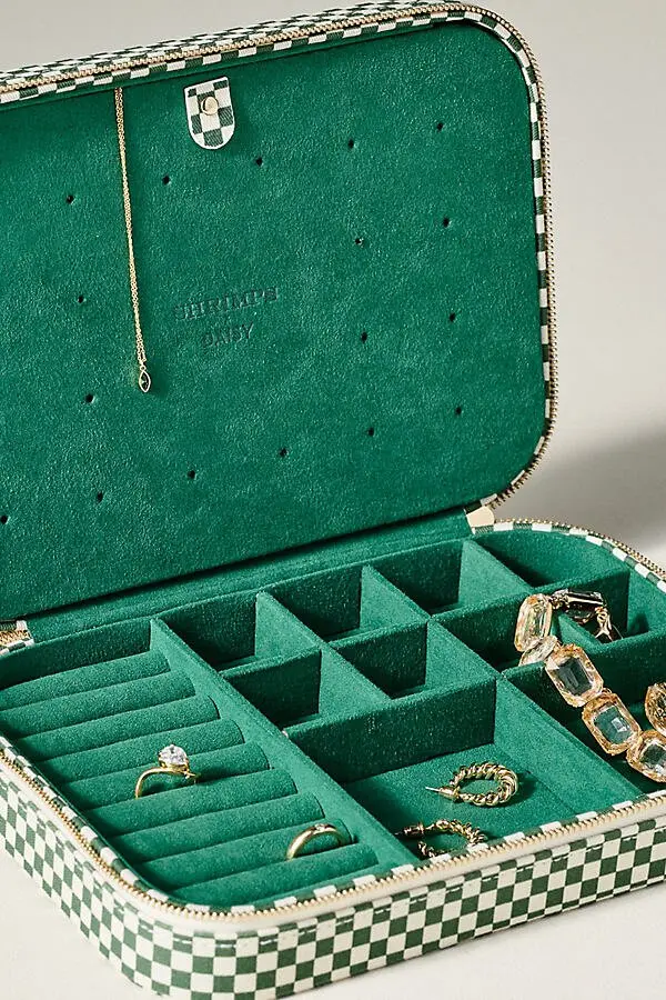 Anthropologie Daisy London Patterned Travel Jewelry Case - Green Checkered