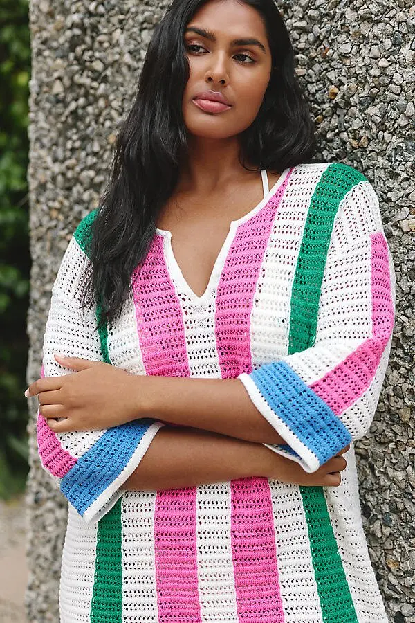 Chinti & Parker Cotton Crochet Stripe Mini Dress - Multi
