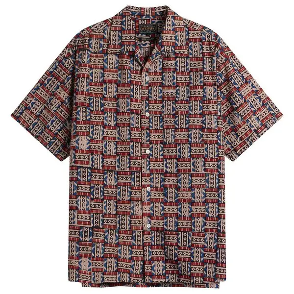 BEAMS Block Print Open Collar Shirt - Red