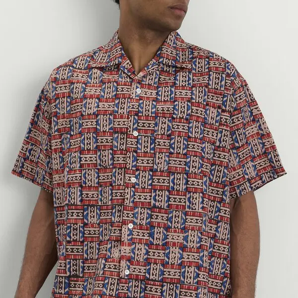 BEAMS Block Print Open Collar Shirt