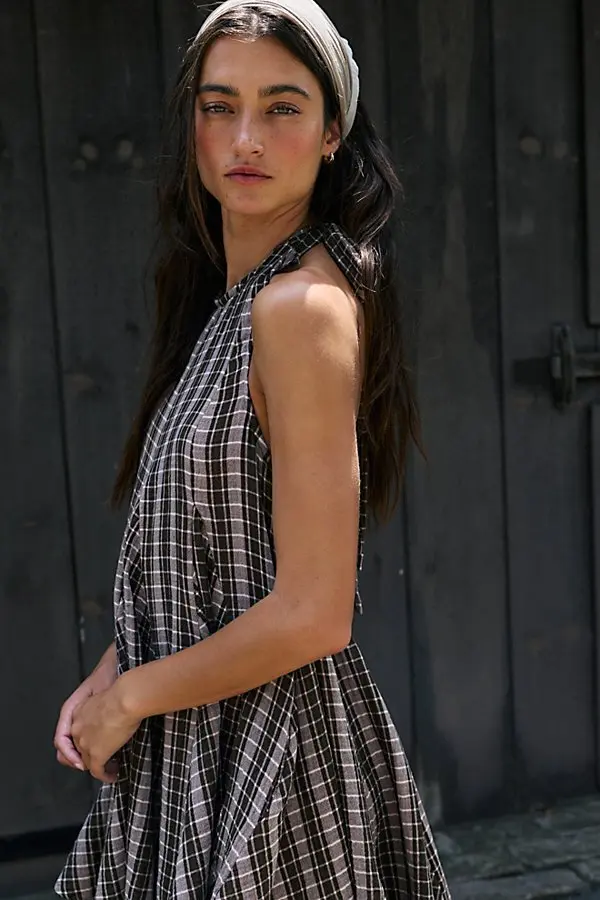 Free People Halterneck Plaid Mini Dress - Ballet Slipper Combo