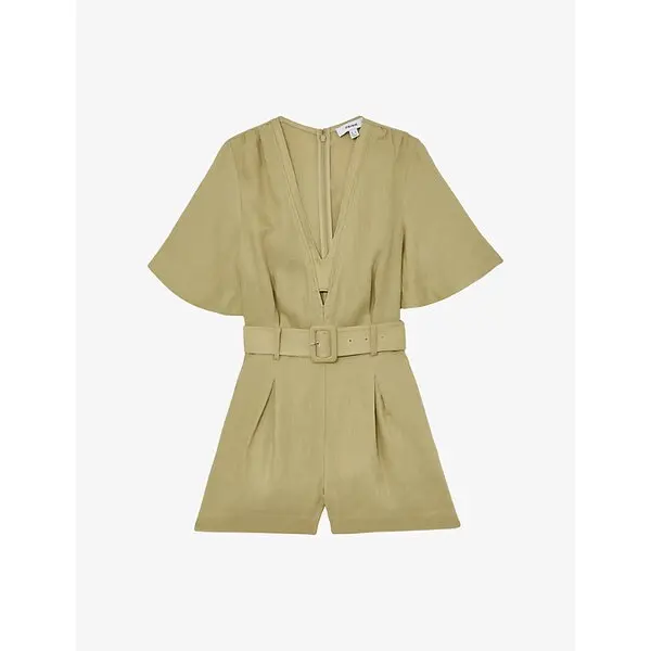 REISS Sansi Short-sleeve Belted Linen Playsuit - Green