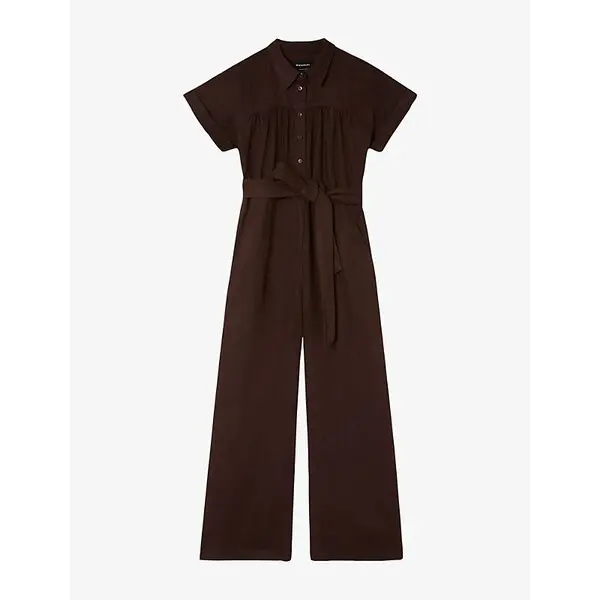 Whistles Collared Short-sleeve Utility Linen Jumpsuit - Brown