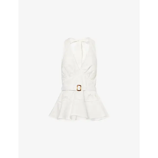 SELF-PORTRAIT Halter-neck Peplum Embroidered Linen-blend Top